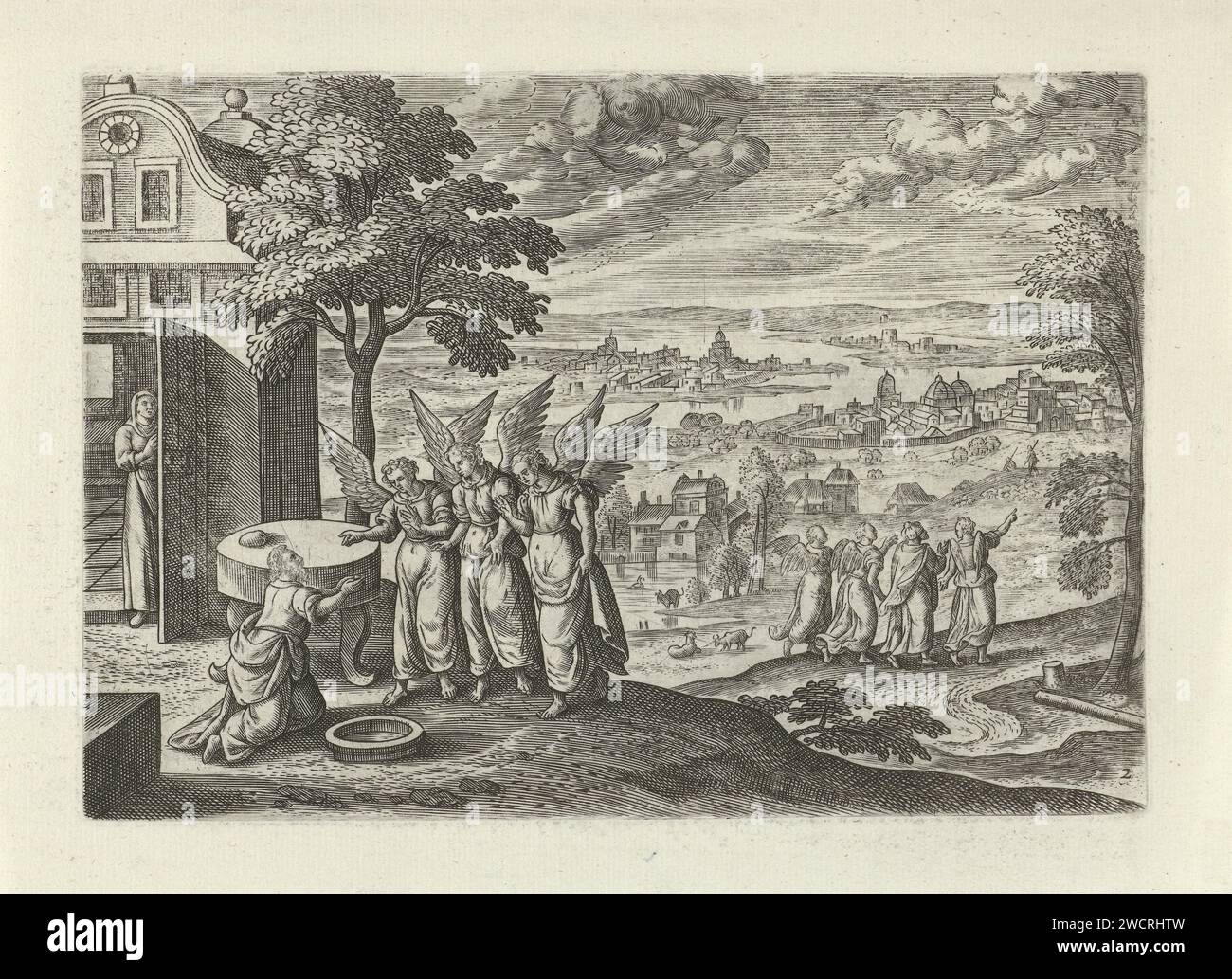 Paysage avec Abraham et de Drie Engelen, Julius Goltzius, d'après Hans ...