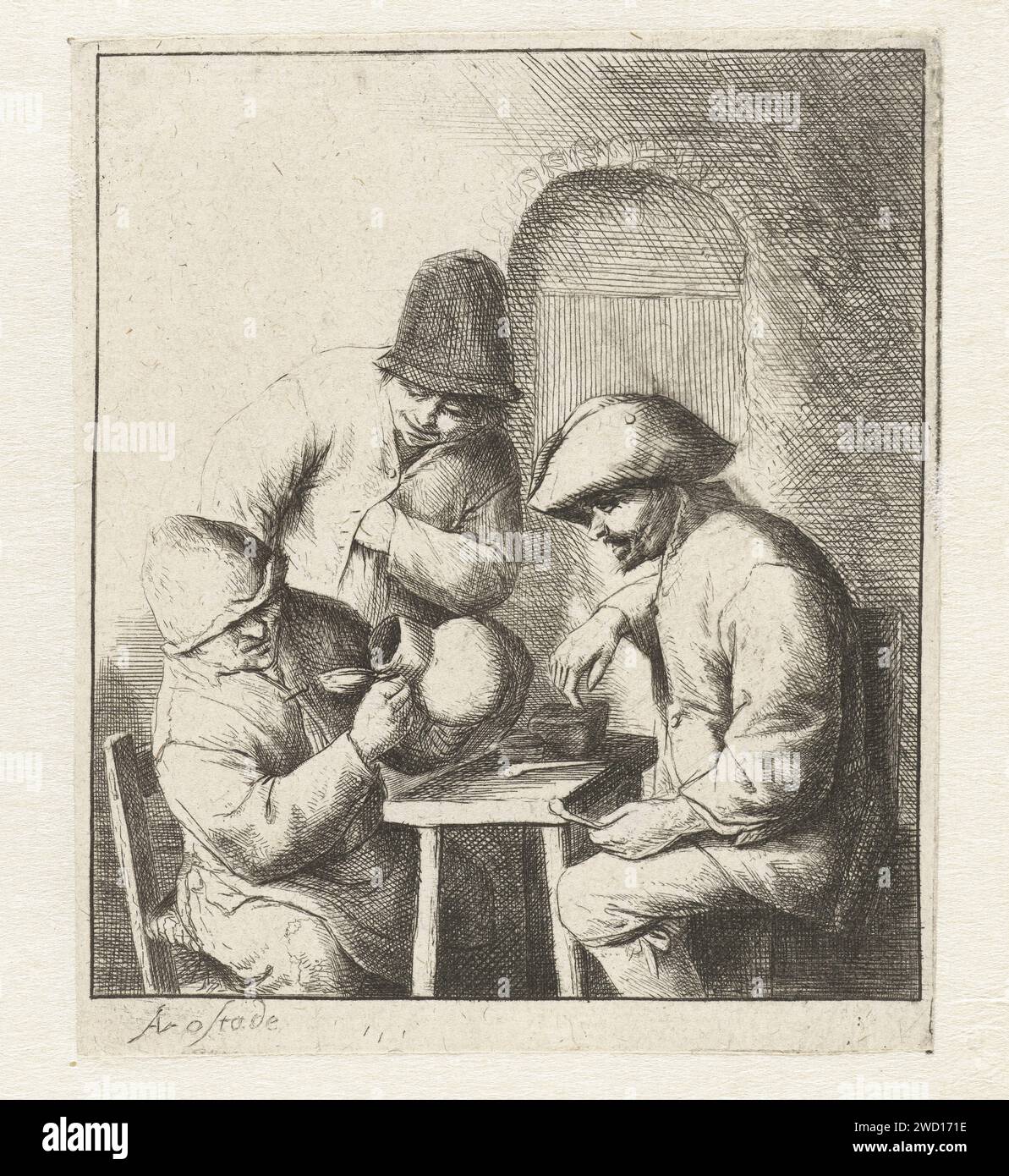 L'homme regarde dans une cruche vide, montre deux hommes, Adriaen van ...