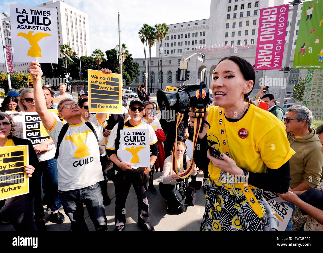 Sonja Sharp, Metro reporter for the Los Angeles Times, talks during a rally in downtown Los ...