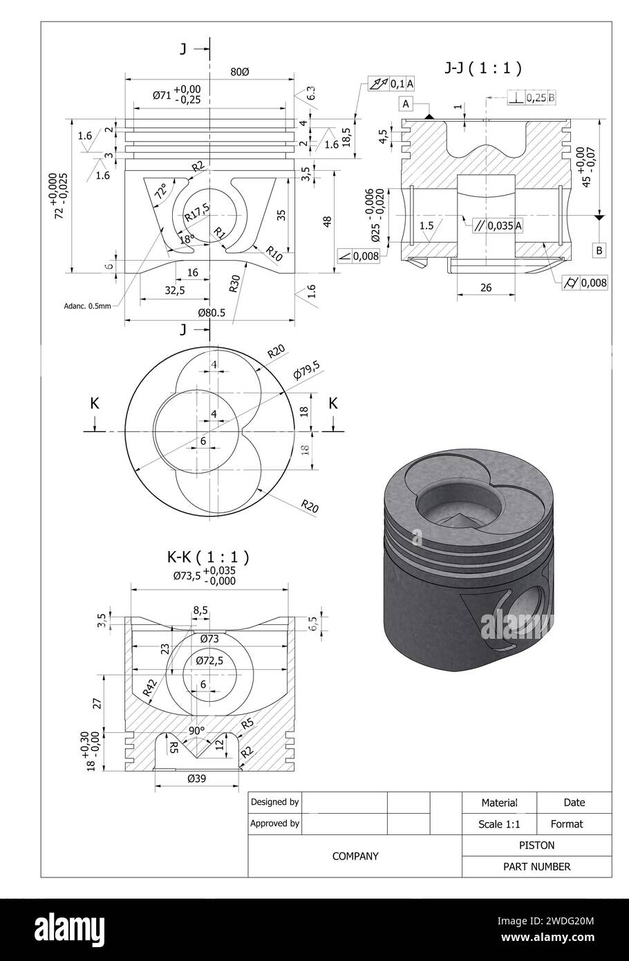 dessin technique d'un piston, un piston est un composant des moteurs ...