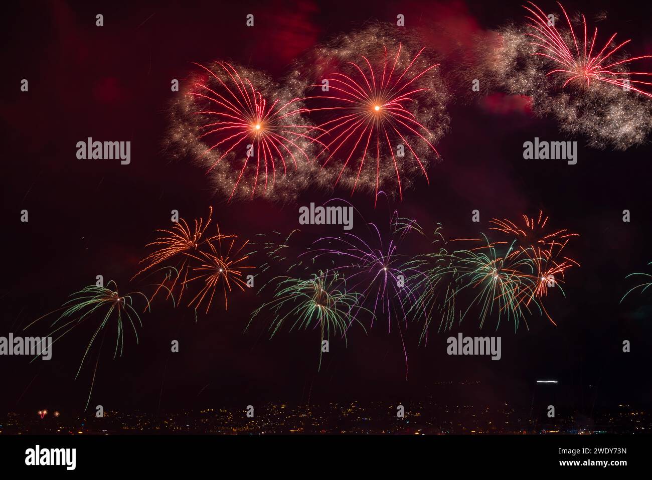 Feu d'artifice sur le lac de Zurich au début de l'année 2024 à Zurich ...