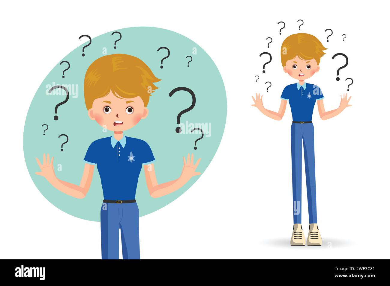 garçon étalé ses mains dans l'incompréhension, isolé sur fond blanc ...