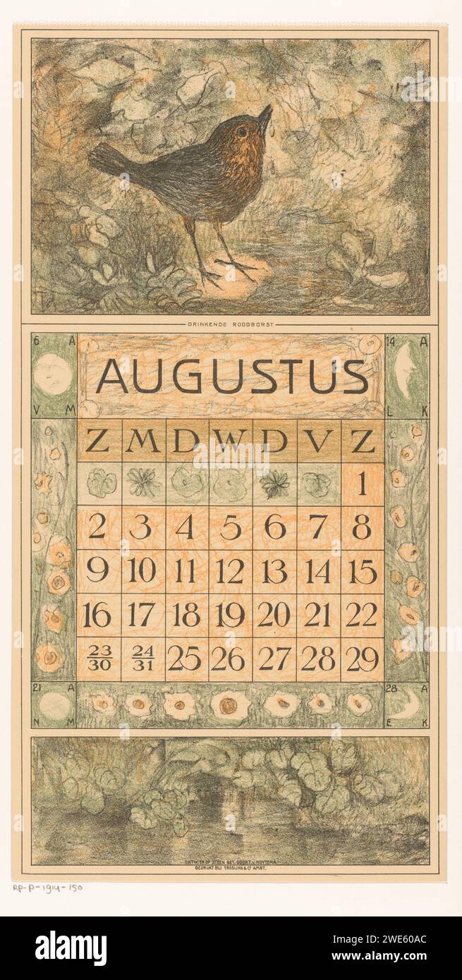 Feuille de calendrier Auguste avec Robin, Theo van Hoytema, 1913 ...