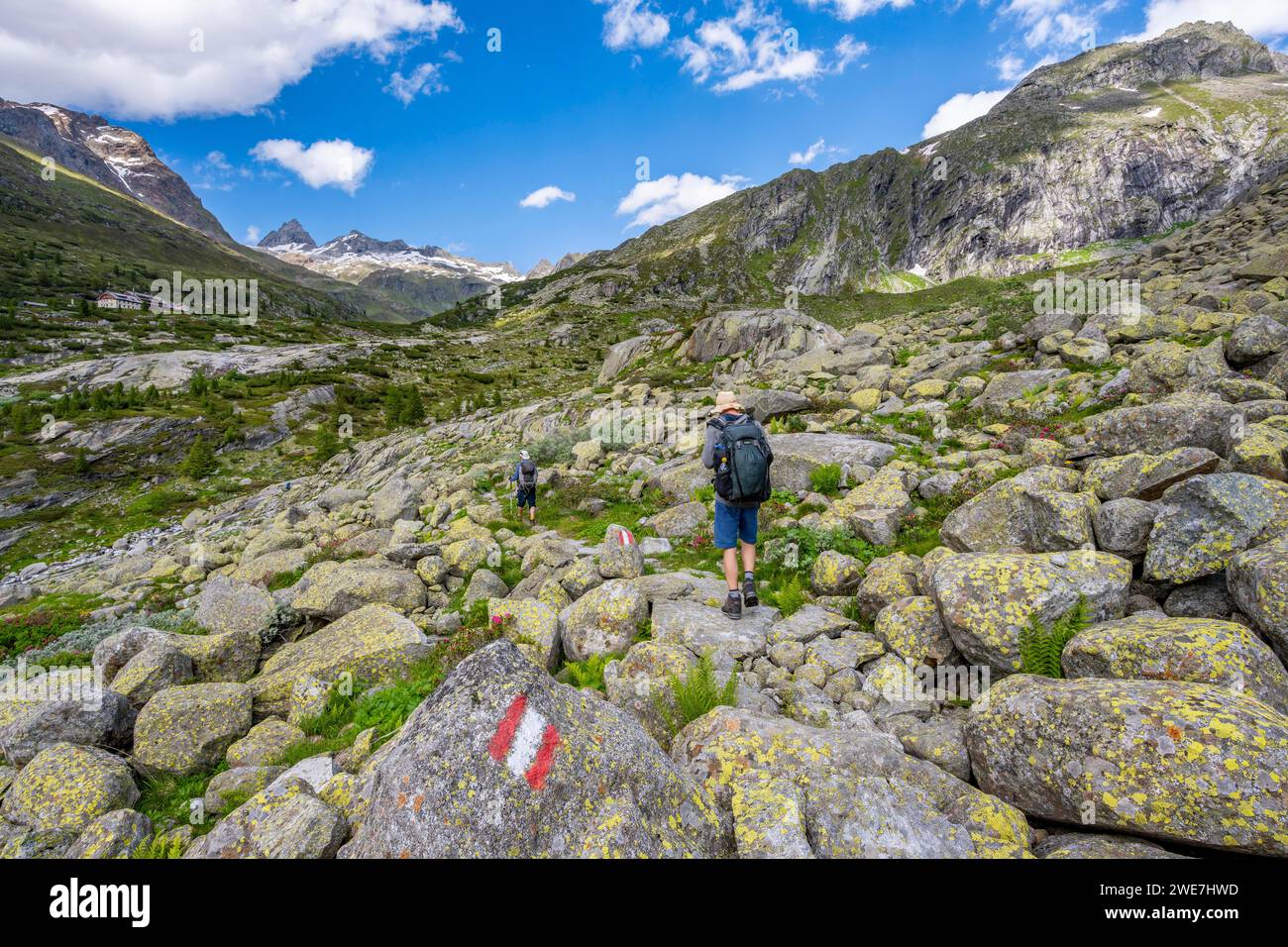 Alpinistes sur un sentier de randonnée en face d'un paysage de montagne ...