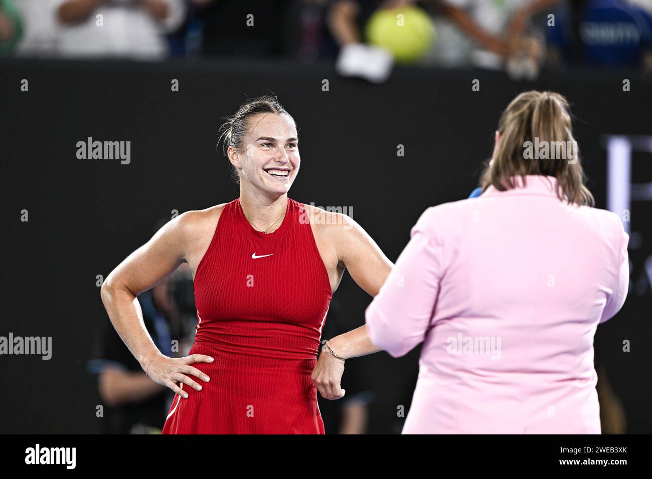 Aryna Sabalenka lors de l'Open d'Australie 2024 Grand Chelem tournoi de tennis le 22 janvier ...