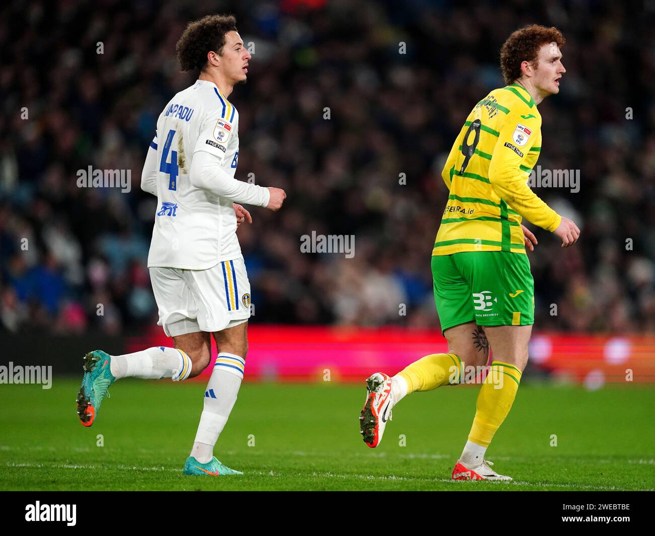 Ethan Ampadu de Leeds United (à gauche) et Josh Sargent de Norwich City ...