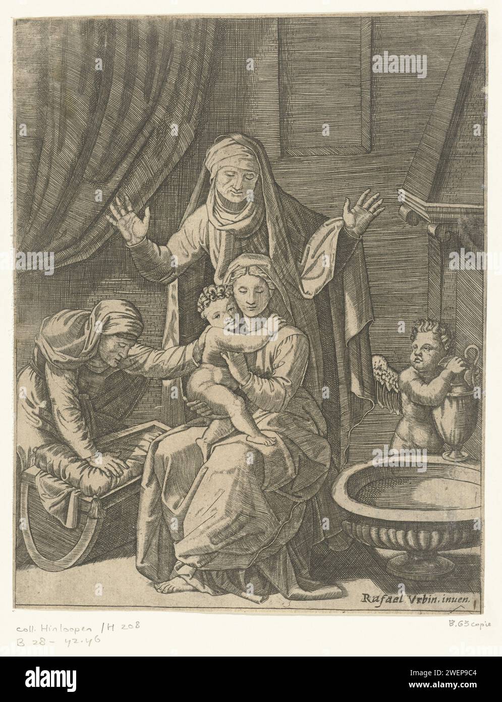 Marie avec l'enfant et les saints Anna et Elisabet au berceau et ange ...