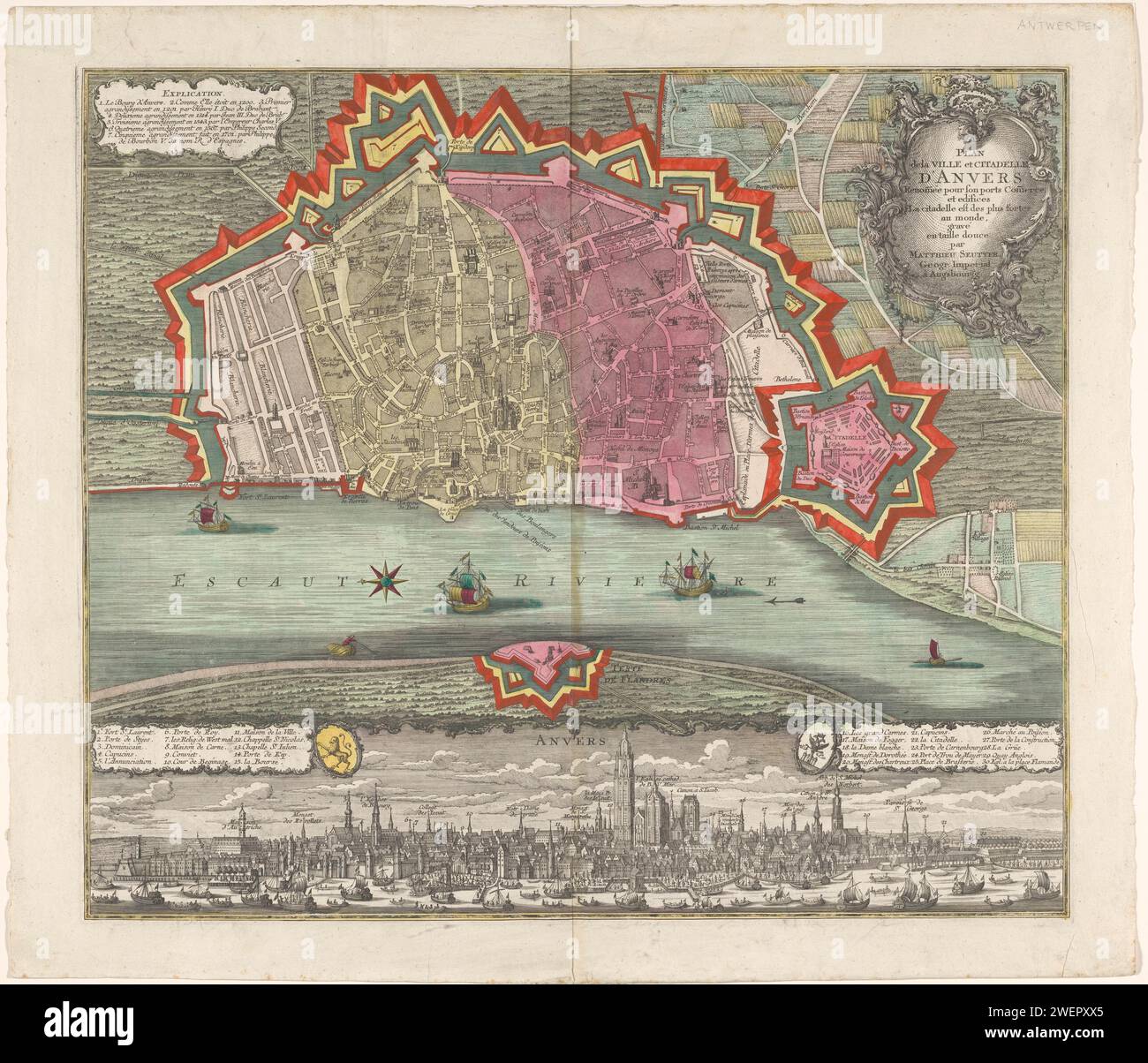 Carte d'Anvers avec paysage urbain, Matthaeus Seutter (III), 1707 ...