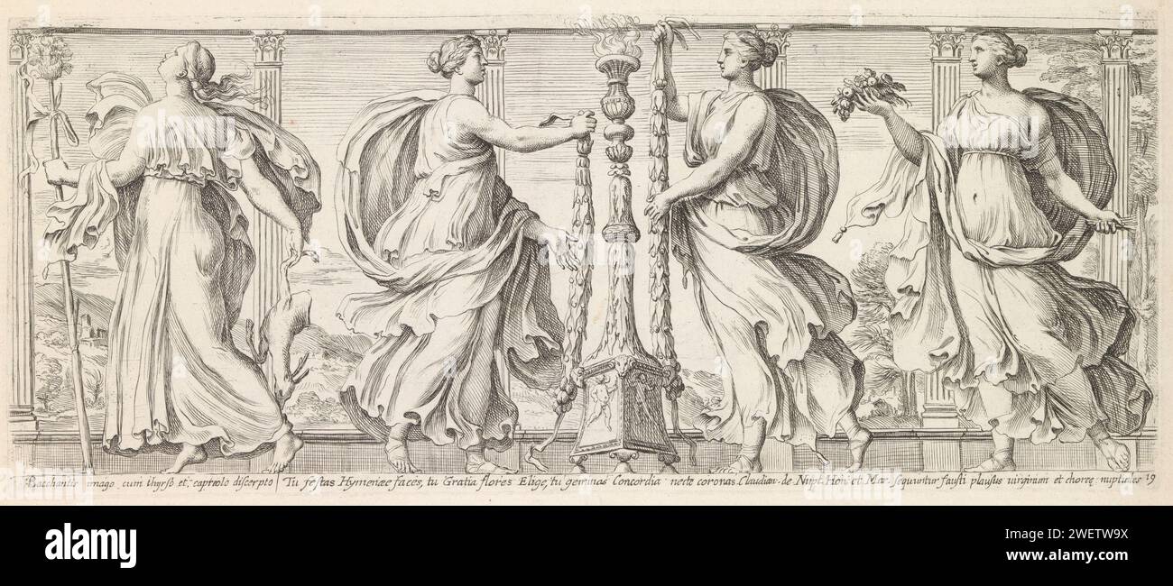 Relief avec des femmes dansantes en robe drapée et un Bacchante ...