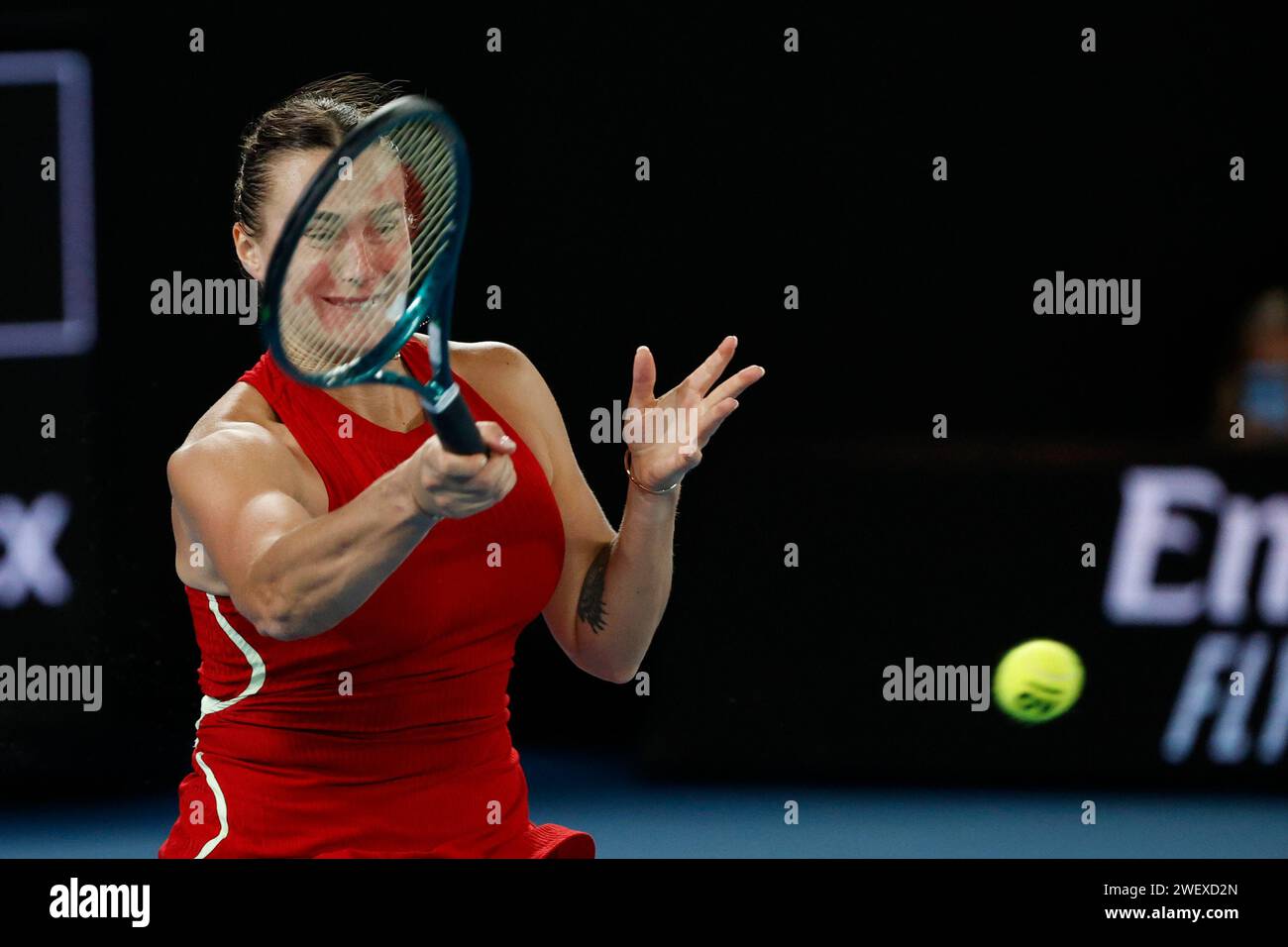 Aryna Sabalenka en action lors de leur match de finale contre Qinwen Zheng (CHN) le jour 14 de l ...