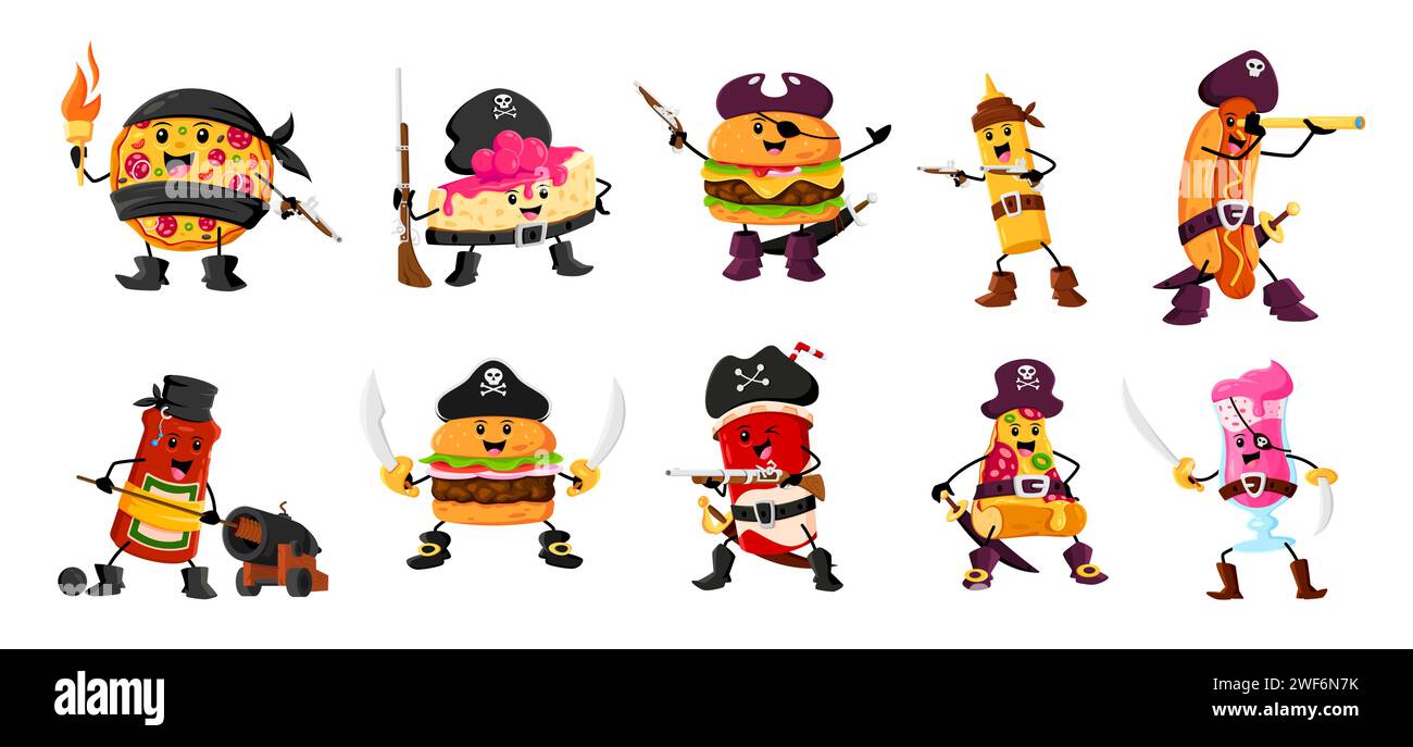 Pirates de fast-food de dessins animés et personnages corsair. Pizza ...