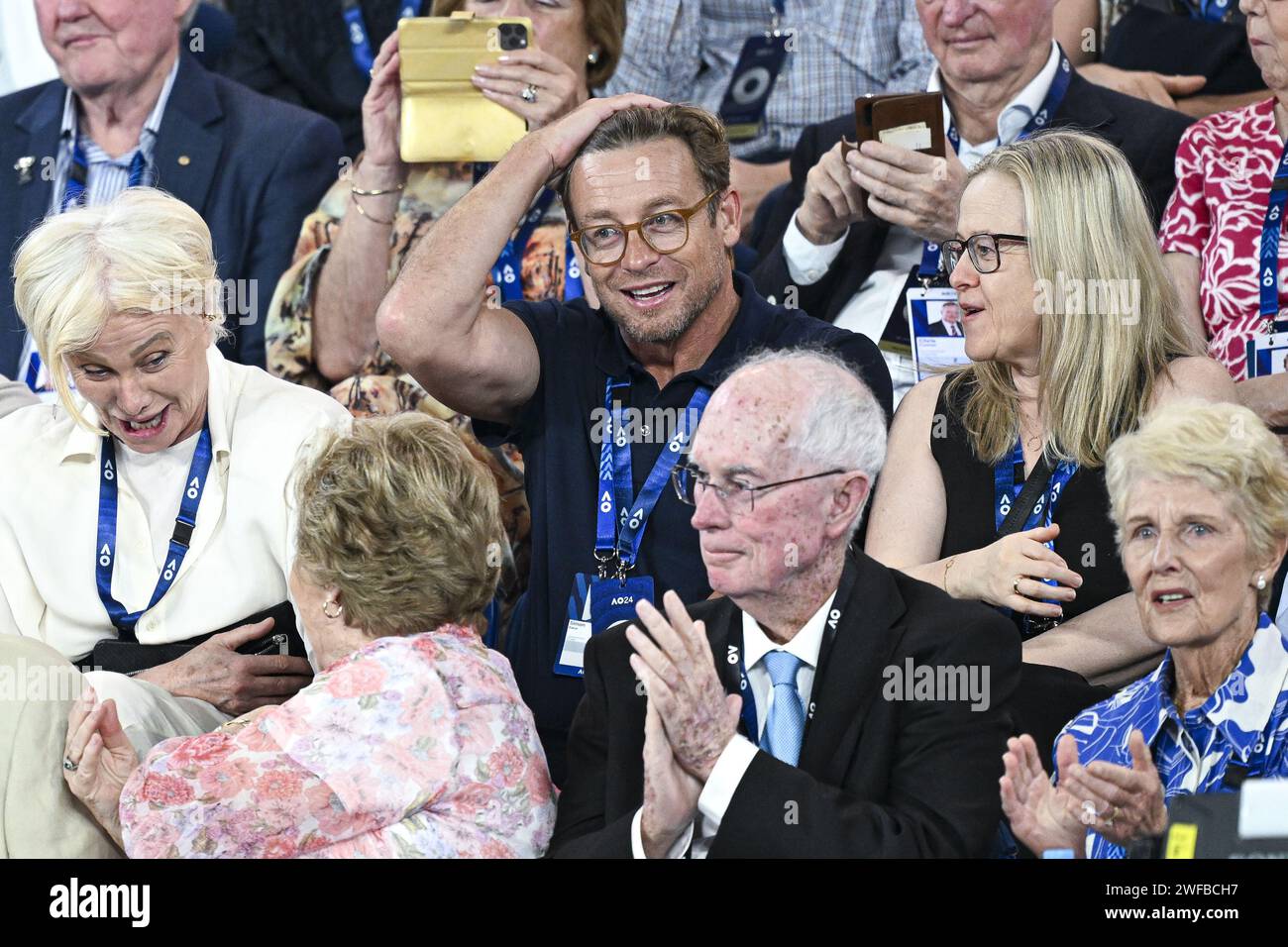 L'acteur australien Simon Baker lors de la finale du tournoi de tennis du Grand Chelem de l'Open ...