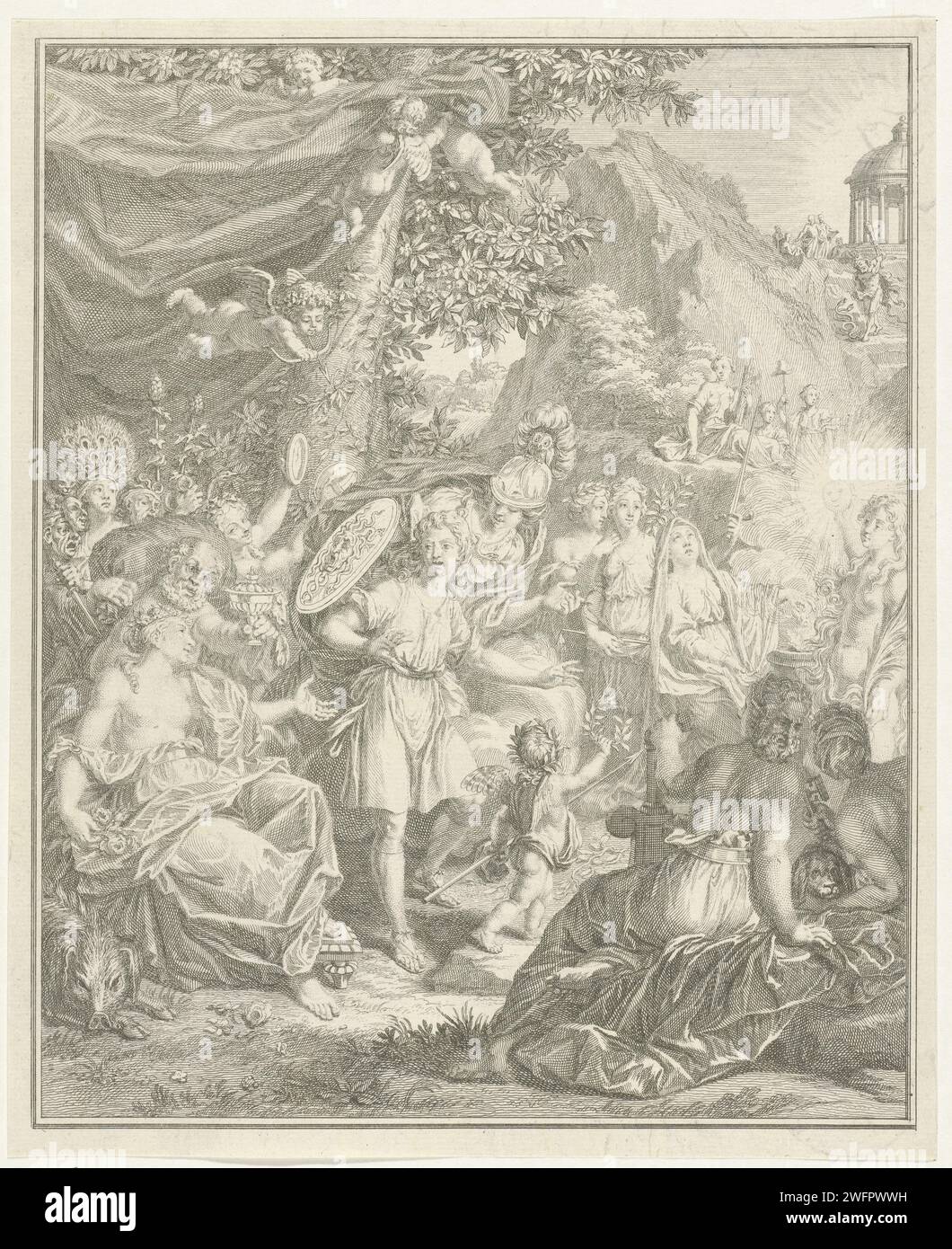 Performance allégorique avec Telemachus et Minerve, Jacob Folkema, d'après Bernard Picart, 1733 ...