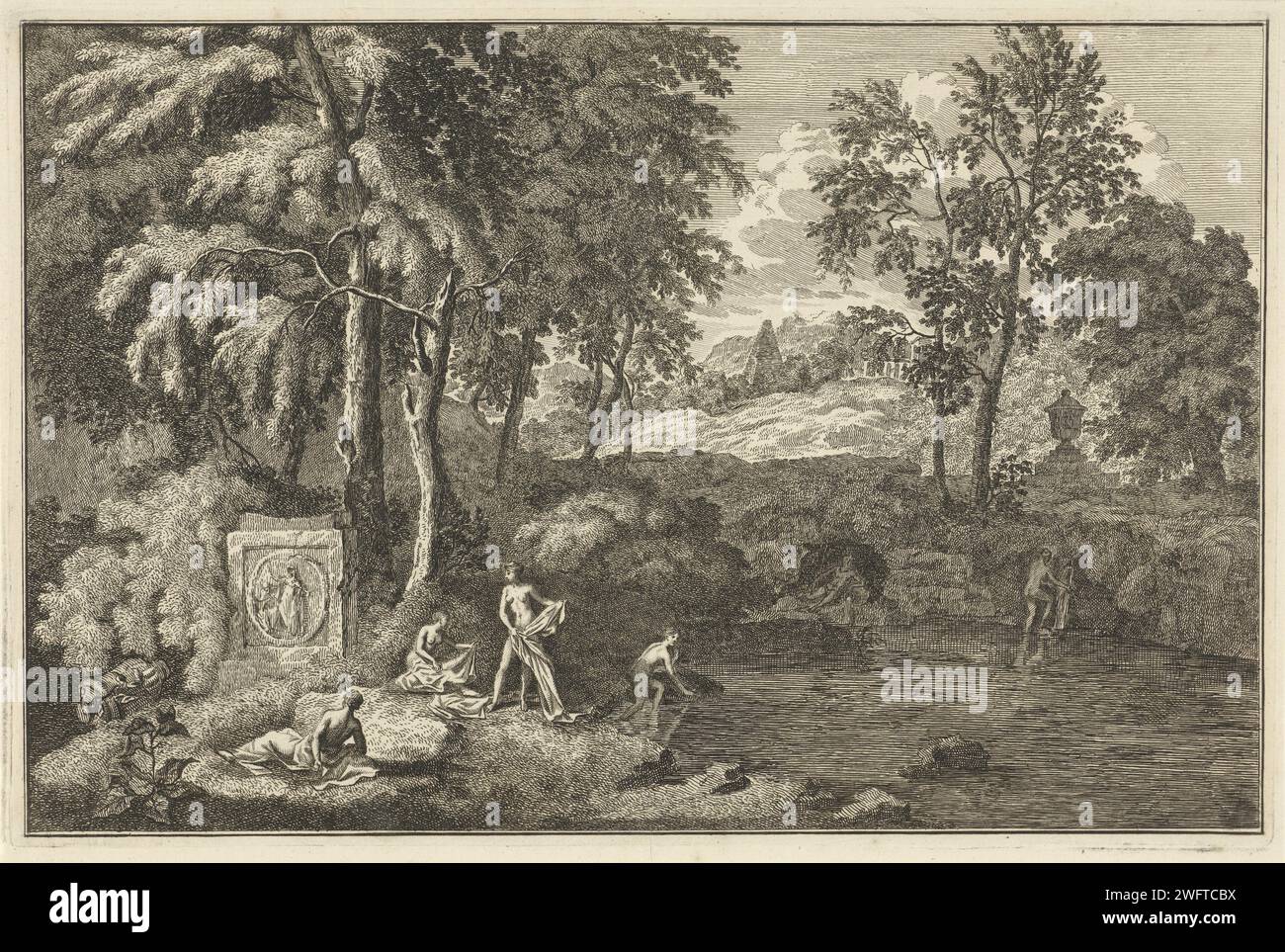 Paysage arcadien avec des baigneuses dans un lac, Adolf van der Laan, d ...