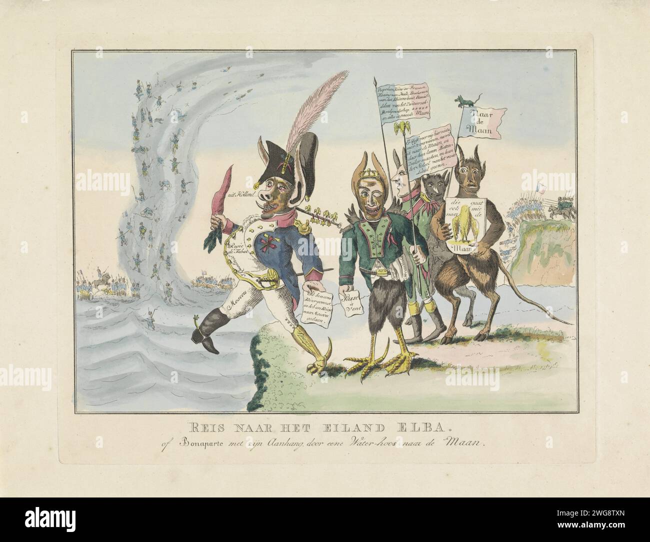 Excision de Napoléon à l'île d'Elbe, anonyme, 1814 print Cartoon sur l ...