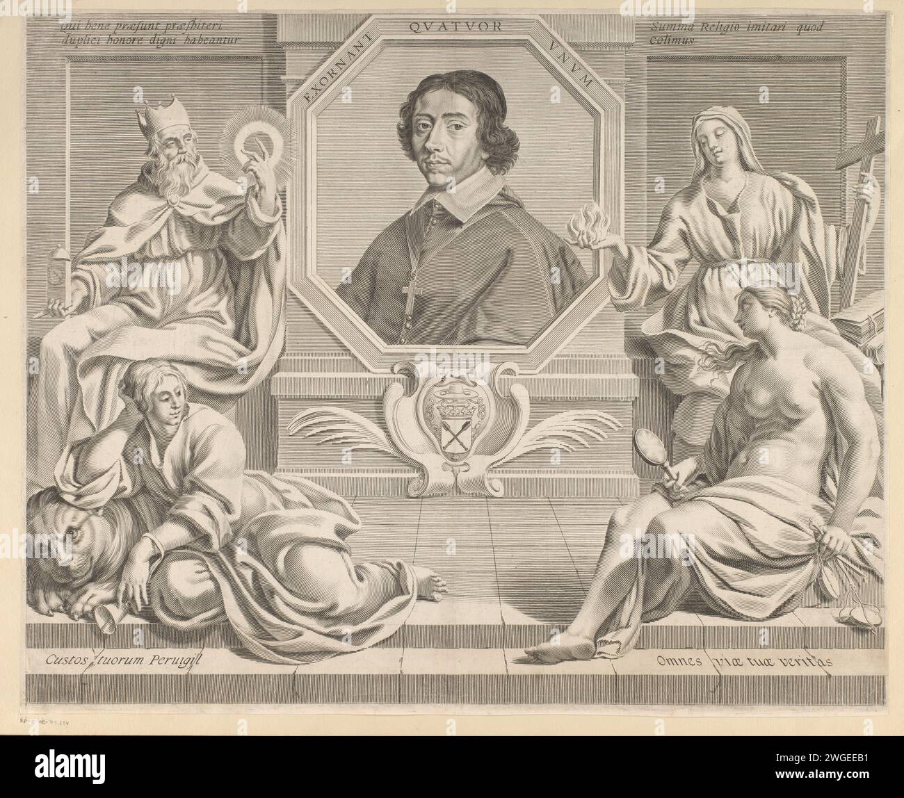 Portrait d'un homme avec un grand prêtre et personnifications de foi ...