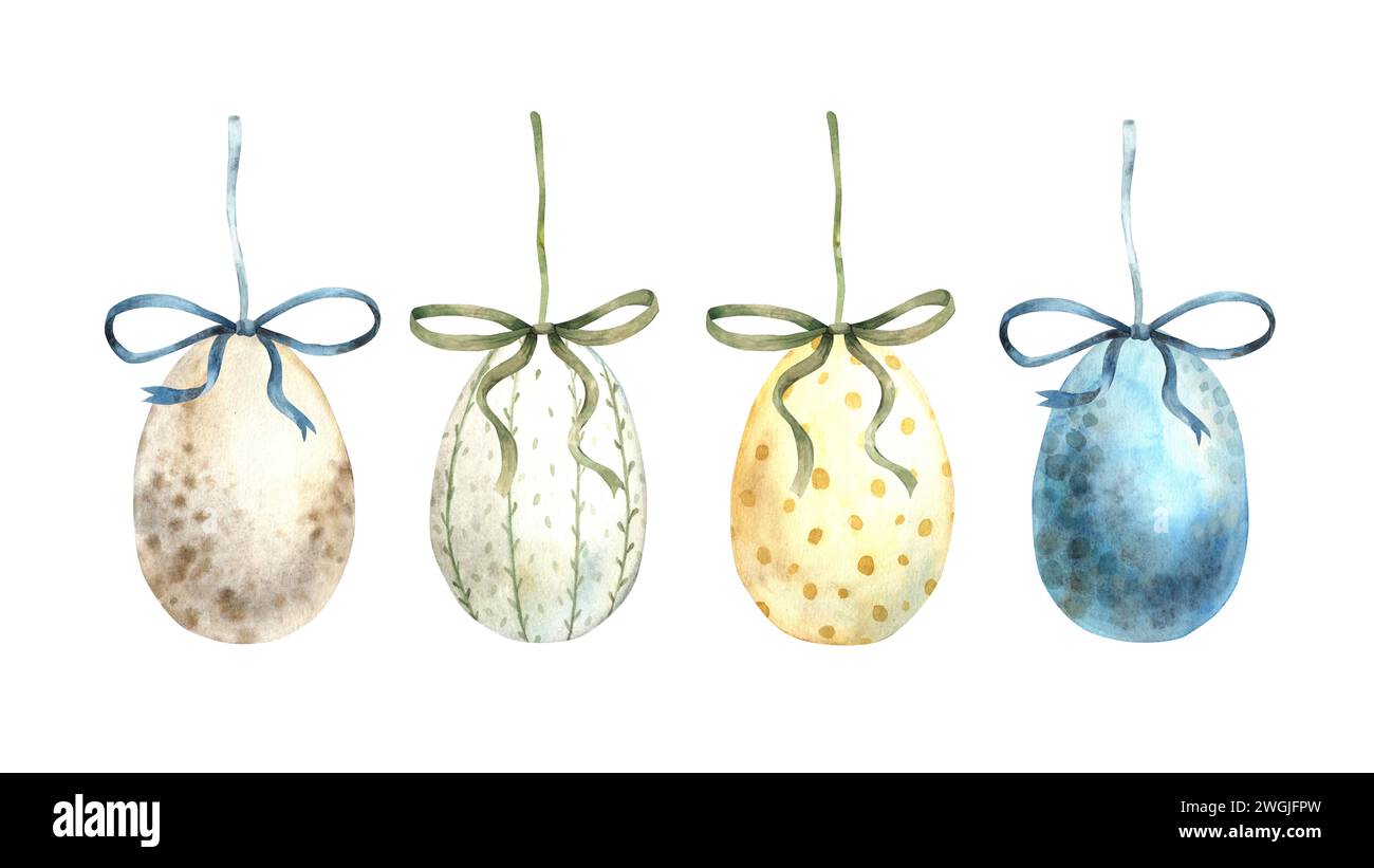 Ensemble d'oeufs de Pâques aquarelle avec des noeuds et des rubans ...