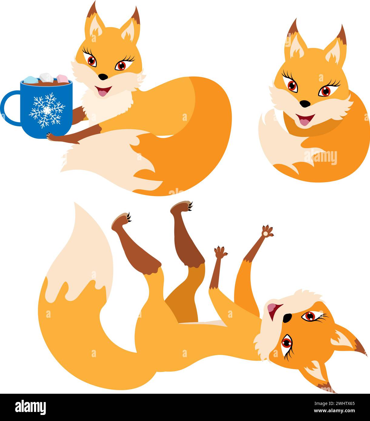 Collection drôle de renard rouge. Mignon renard est allongé sur le dos ...