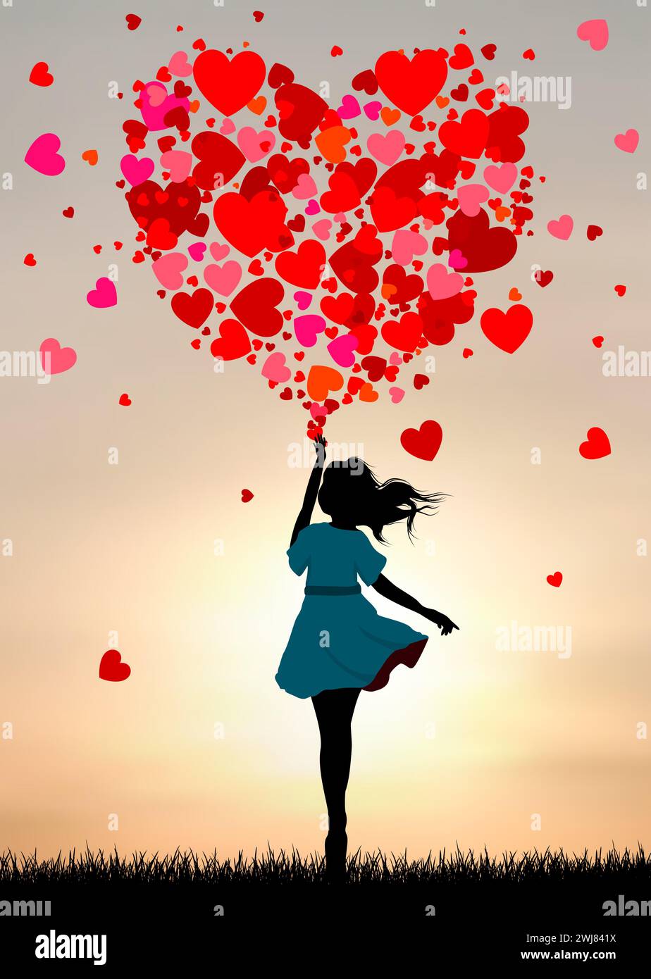 Fille avec coeur rouge Banque d'images vectorielles - Alamy