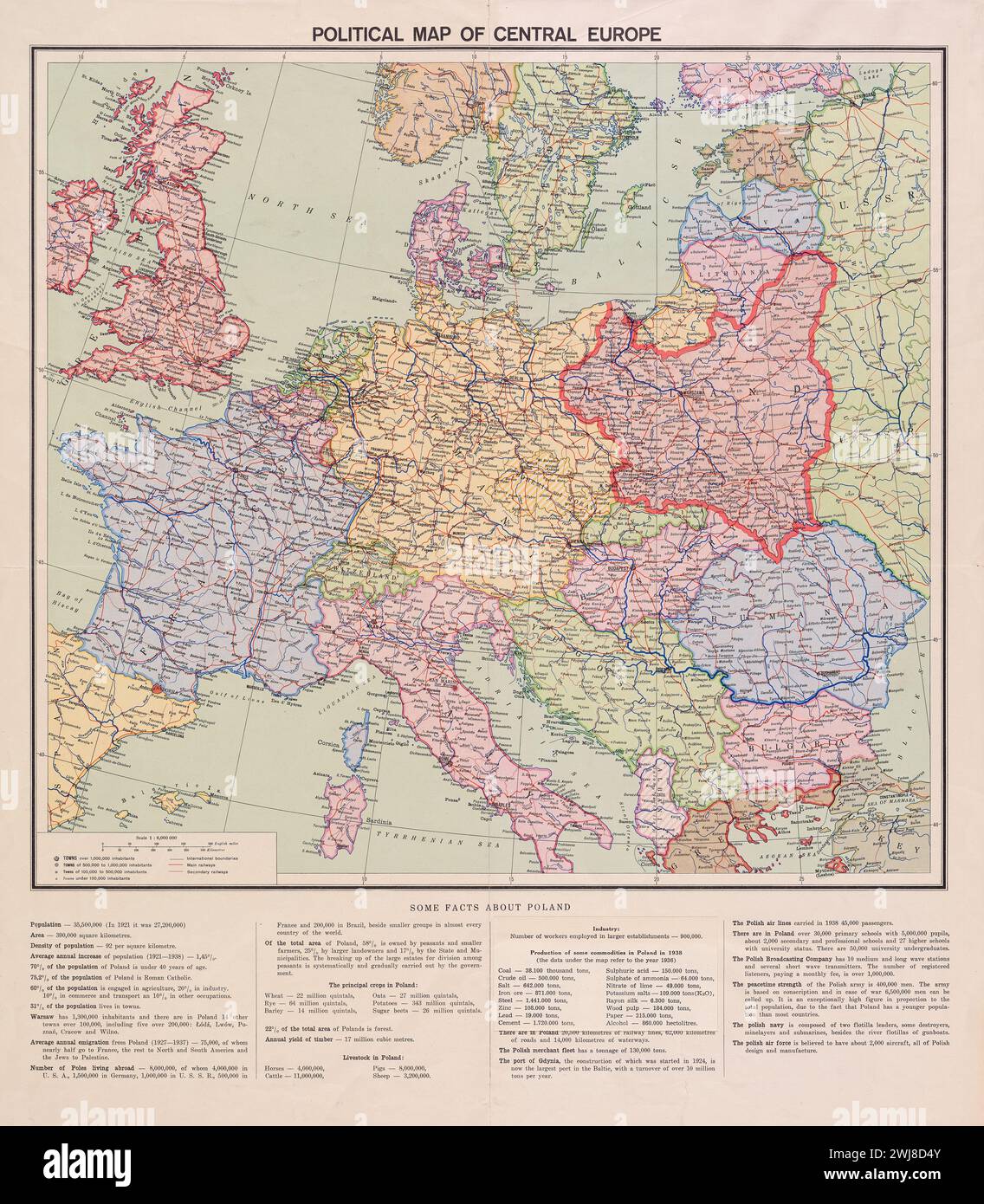 Carte politique vintage de l'Europe centrale. milieu des années 1930 ...