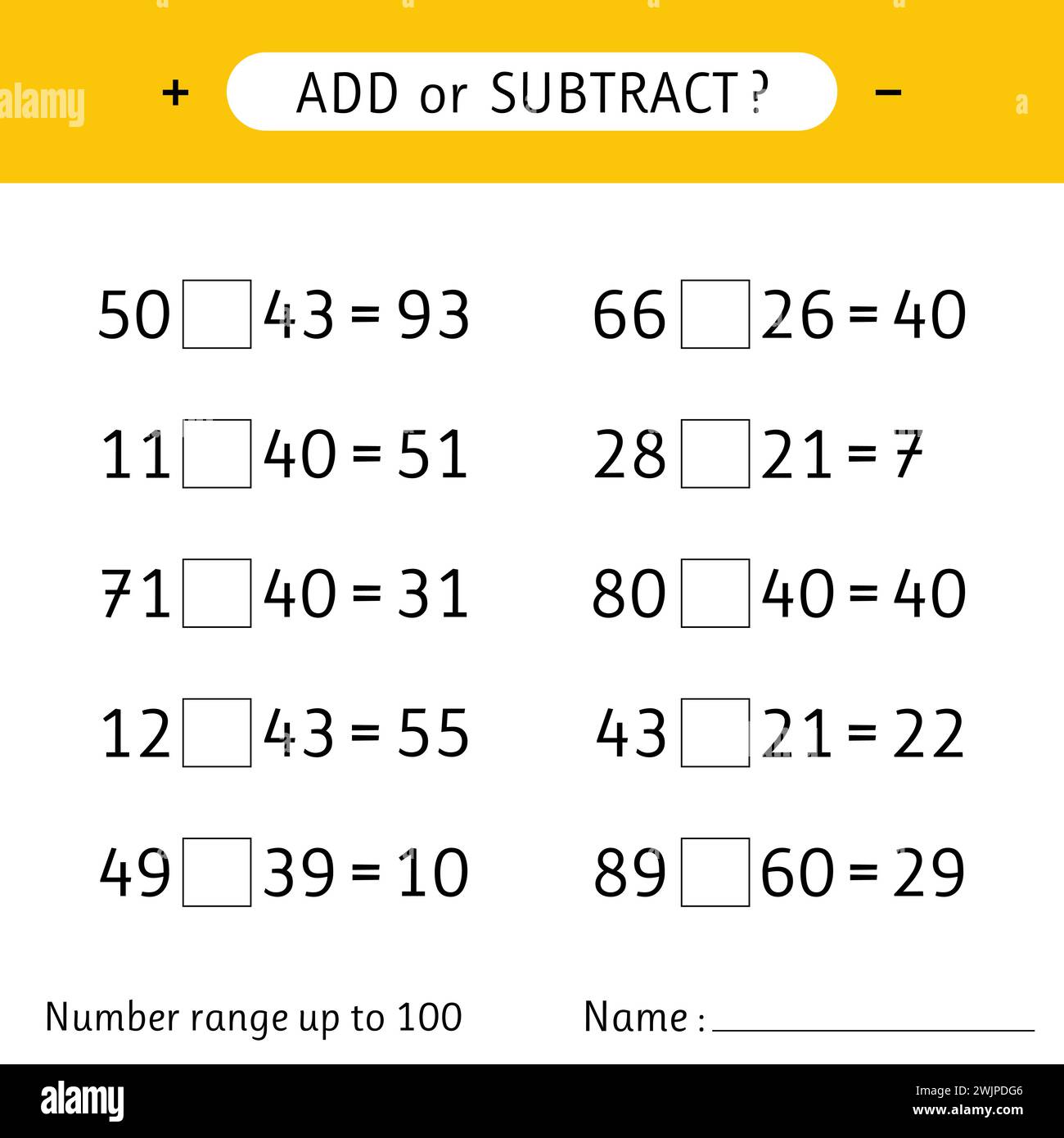 Ajouter ou soustraire. Plage de numéros jusqu'à 100. Feuilles de ...