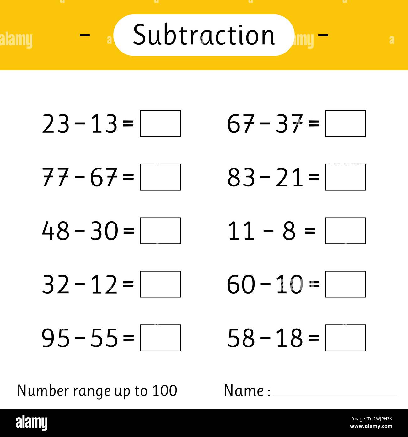 Soustraction. Plage de numéros jusqu'à 100. Feuille de calcul ...