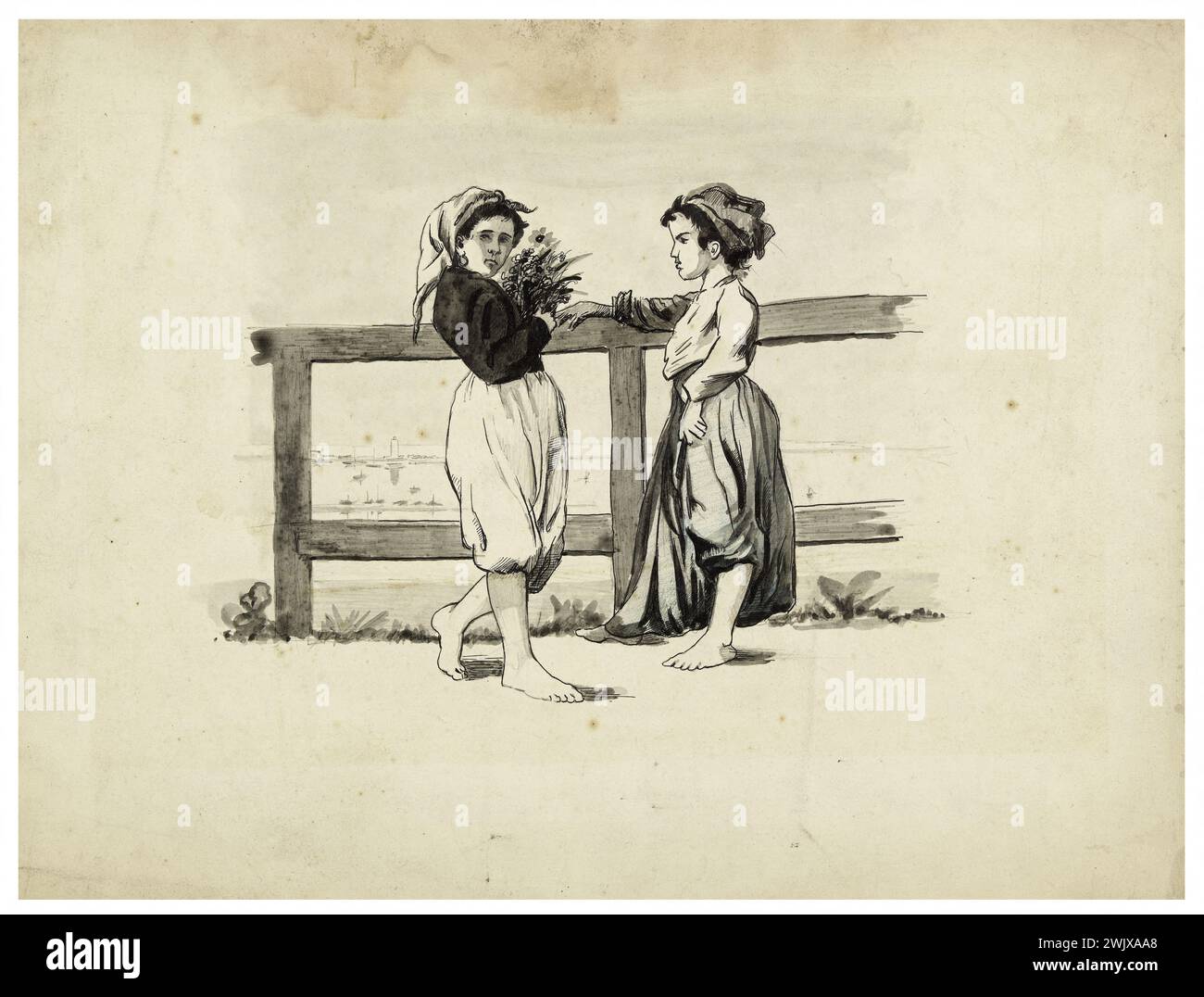 Arthur-Joseph Guéniot (1866-1951) Deux filles devant une barrière en ...