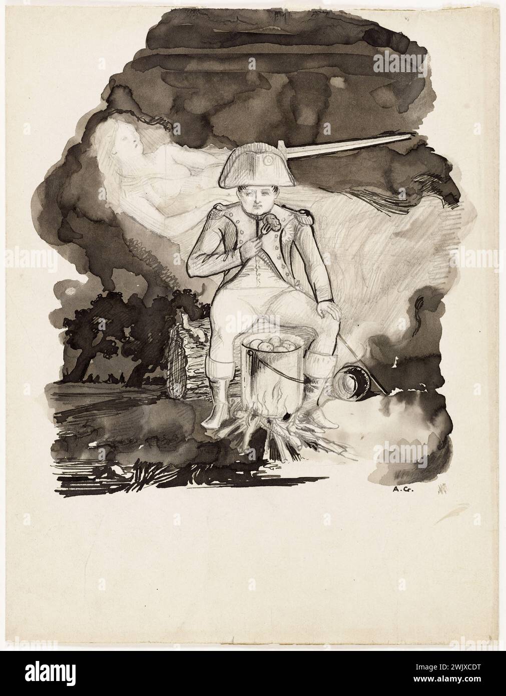 Arthur-Joseph Guéniot (1866-1951) Napoléon assis devant une marmite ...