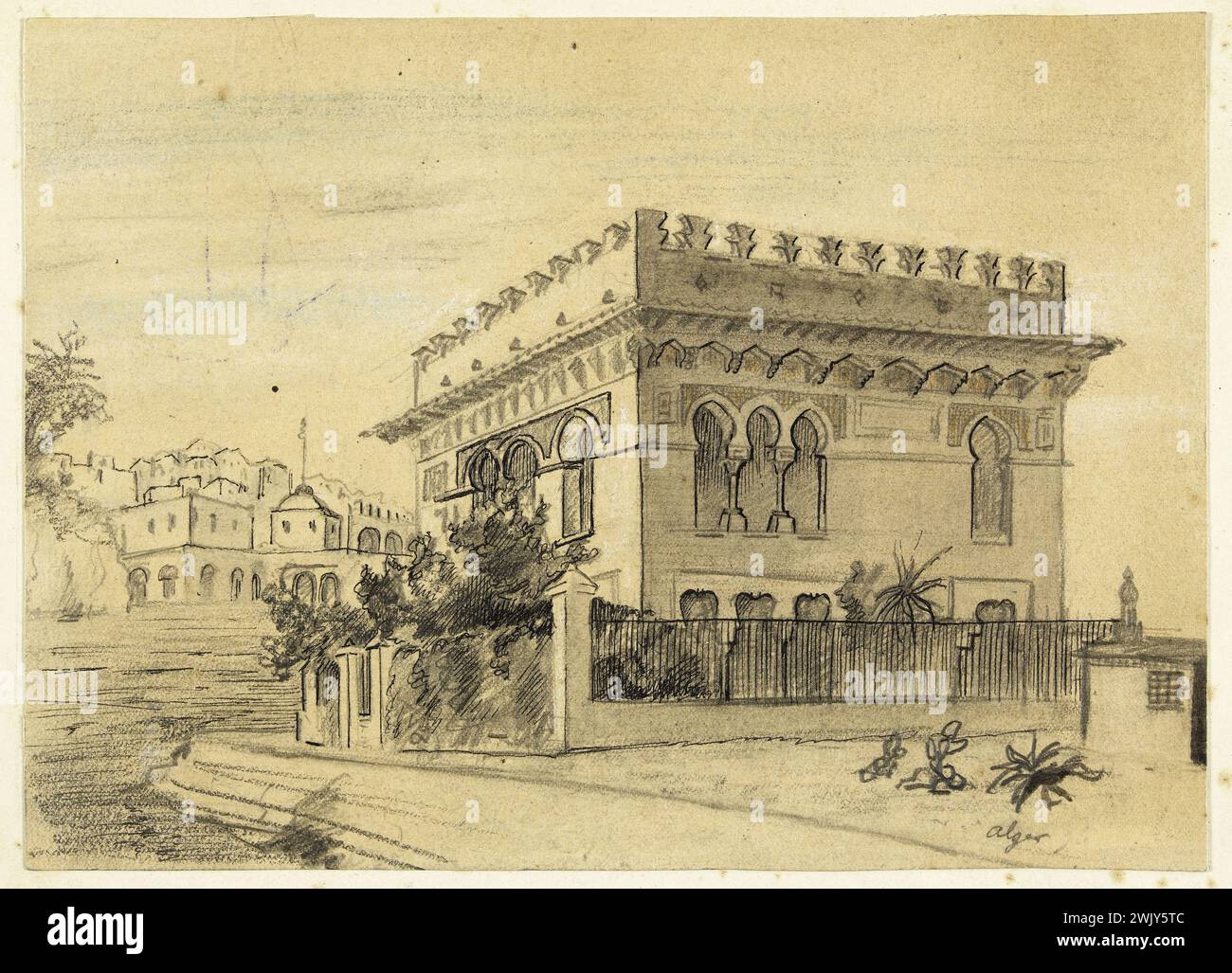 Arthur-Joseph Guéniot (1866-1951) Un palais à Alger. Crayon graphite ...