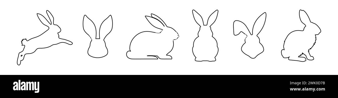 Ensemble de lapins en contour. Lapins de Pâques. Isolé sur fond blanc ...