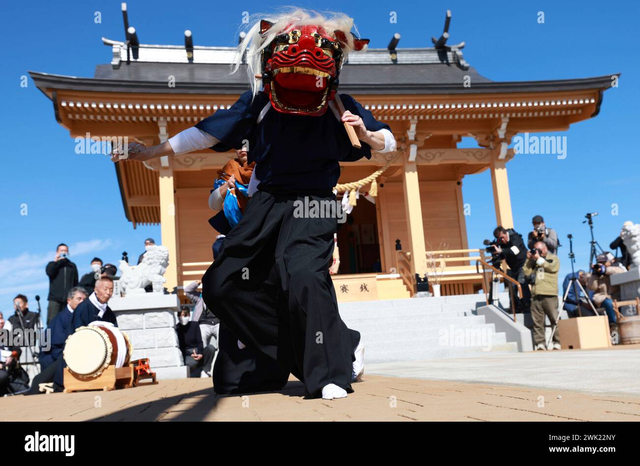 Kagura is offered in front of a rebuilt Kusano Jinaj Shrine during the ...