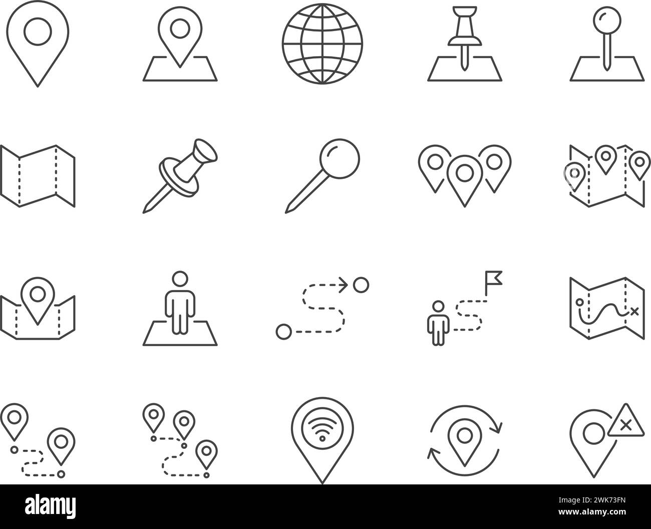 Jeu d'icônes de ligne de localisation. PIN de carte, signal gps ...