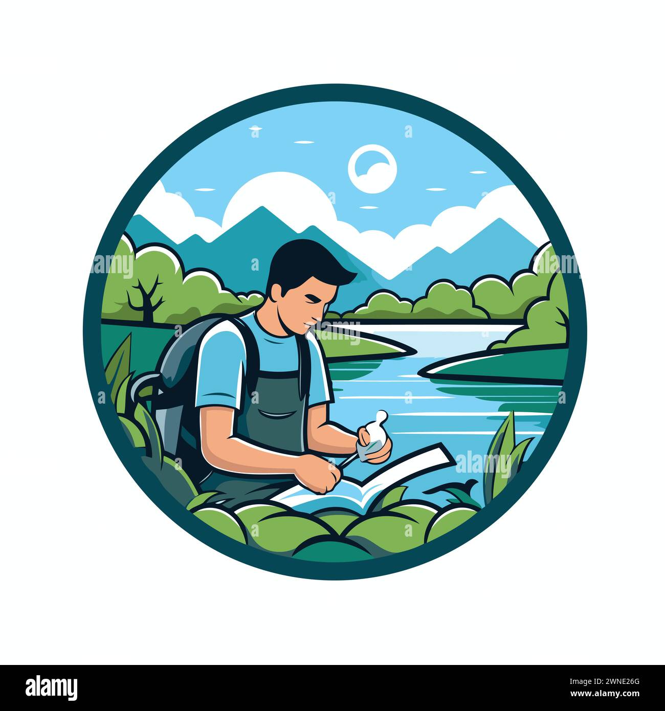 Randonneur au bord d'un lac Banque d'images vectorielles - Alamy