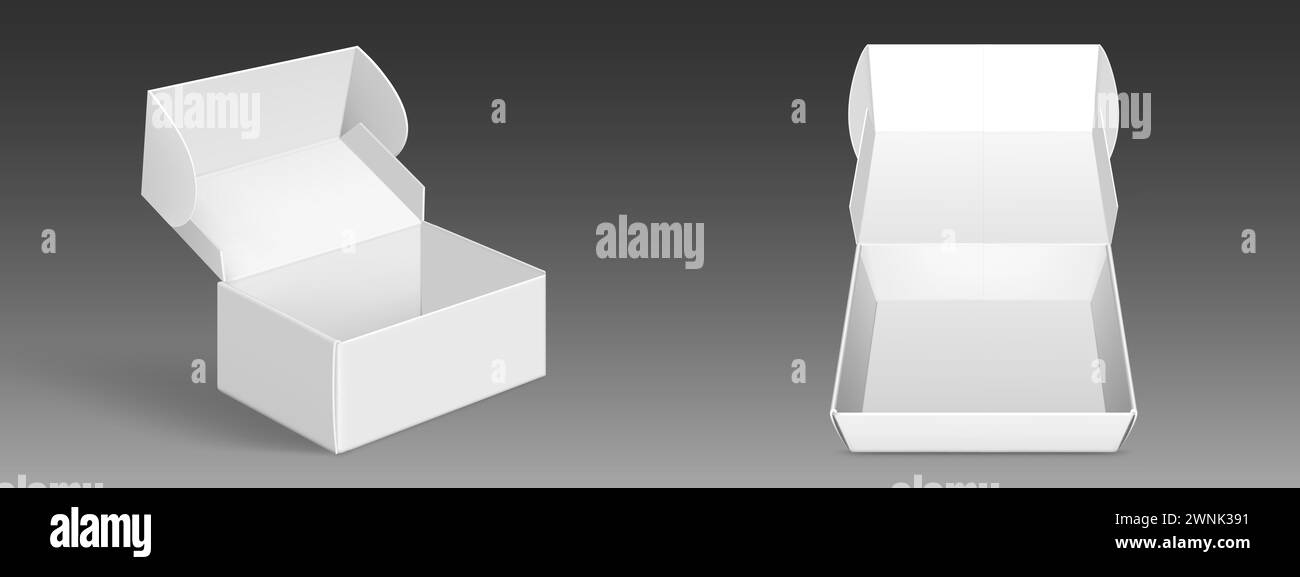 Maquette de boîte vide ouverte en carton blanc. Ensemble réaliste d ...
