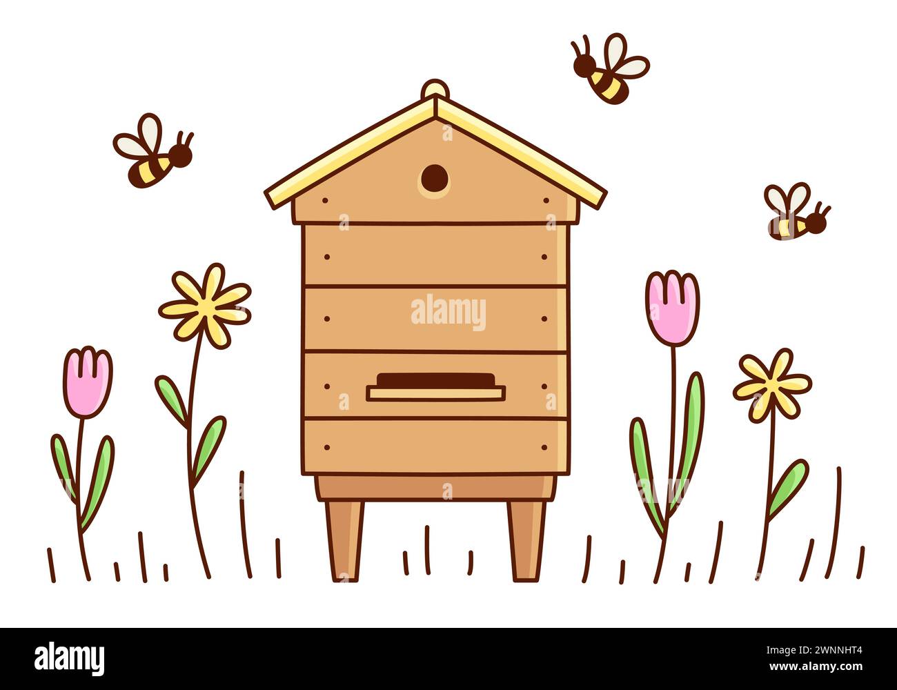 Dessin de doodle de ruche d'abeilles, maison d'abeilles en bois avec ...
