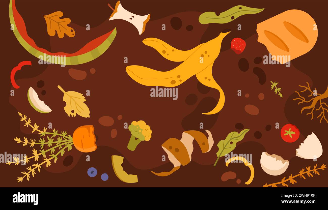 Sol avec déchets organiques biodégradables pour compost. Saleté au sol ...