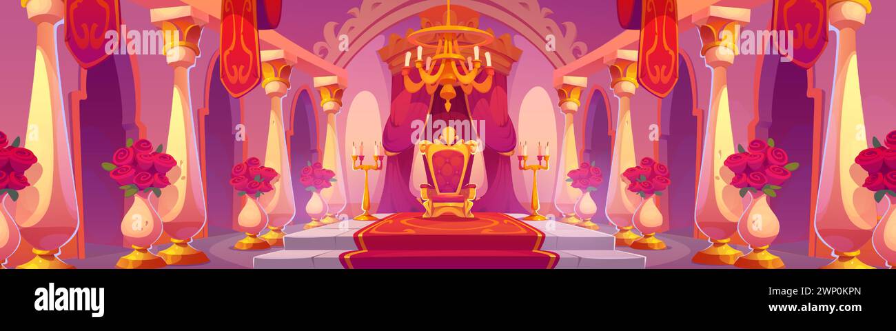 Salle du hall du château avec trône royal doré sur piédestal avec ...