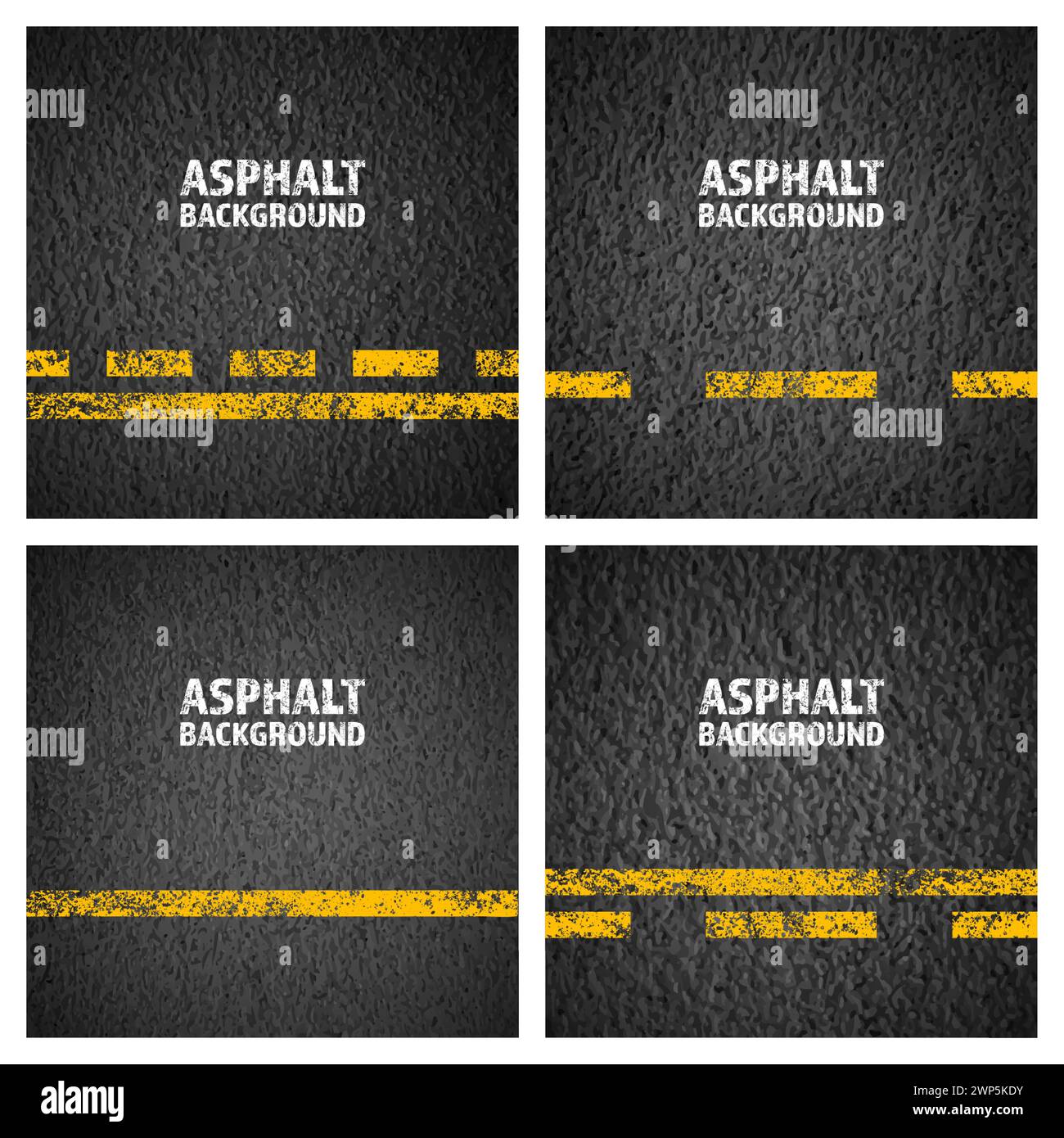 Route asphaltée avec marquage de voie fissuré jaune, surface de route ...