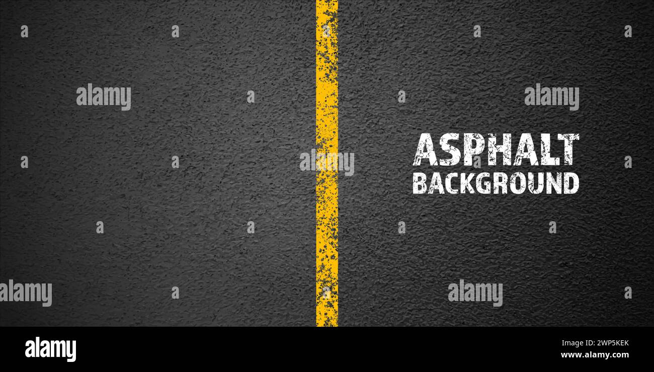 Route asphaltée avec marquage de voie fissuré jaune, surface de route ...