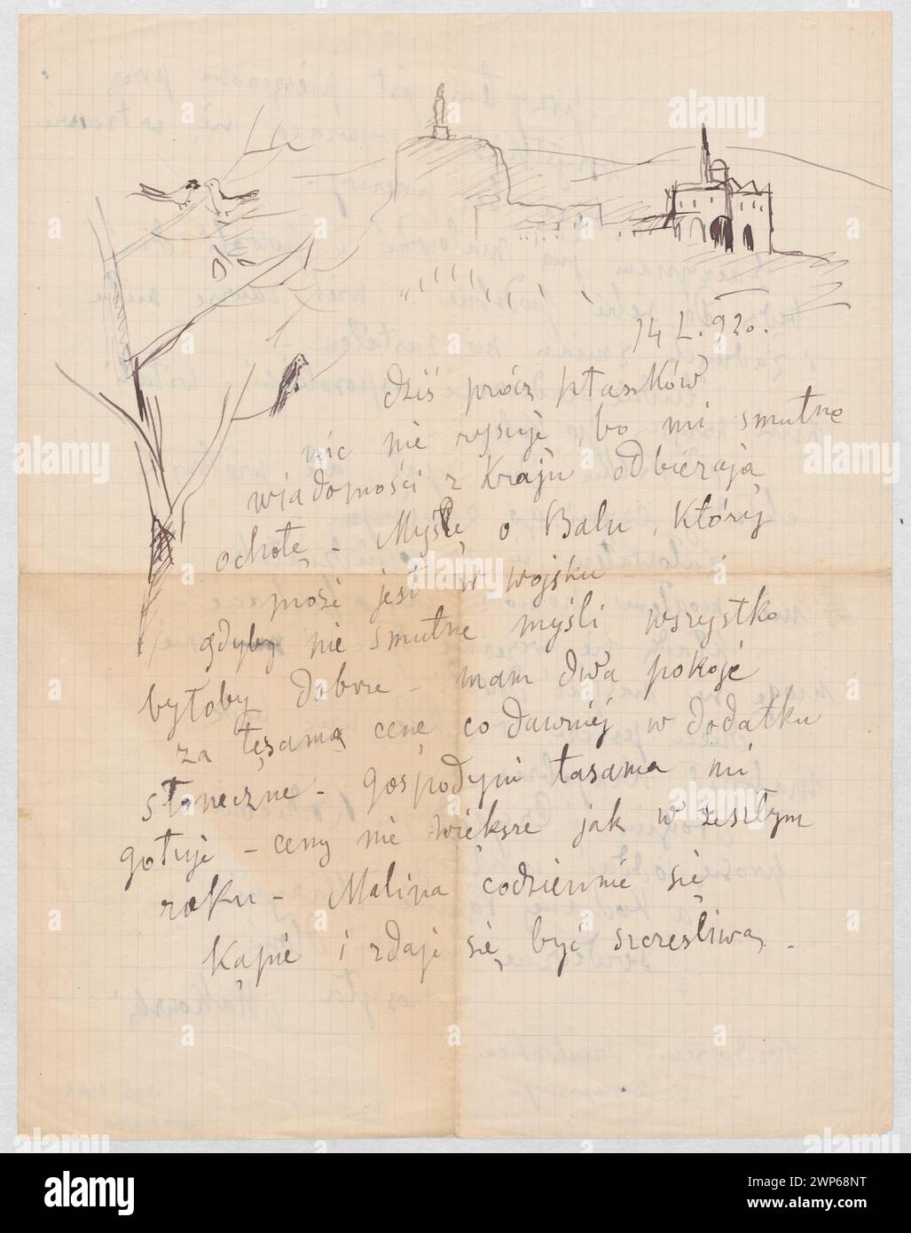 Lettre à Maria Mickiewiczówna avec un dessin représentant un fragment ...