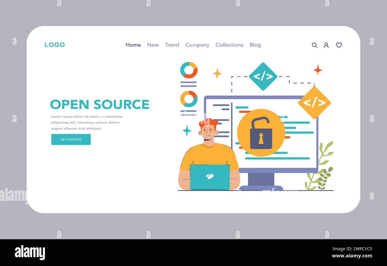 Bannière Web Open source ou page de renvoi. Logiciel avec code disponible pour utilisation ...