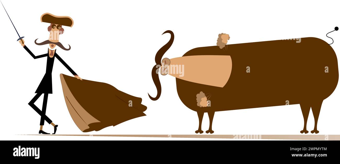 Torerolier de dessin animé et le taureau en colère. Cartoon long ...