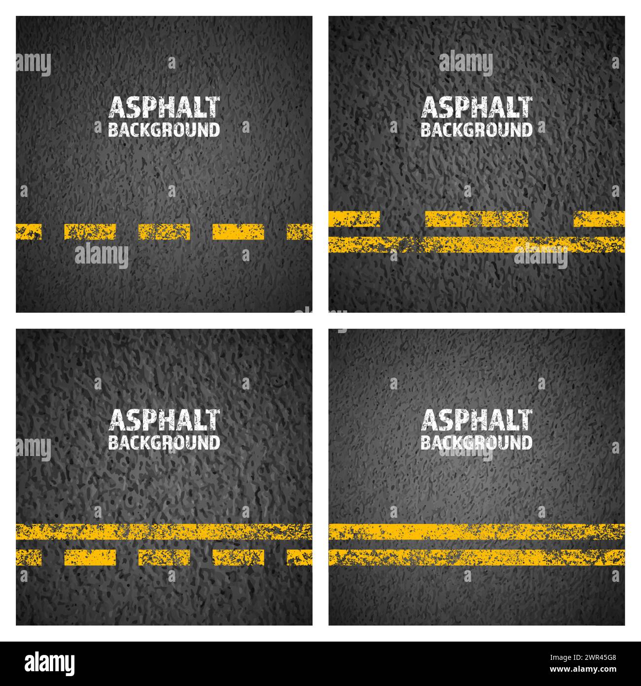 Route asphaltée avec marquage de voie fissuré jaune, surface de route ...