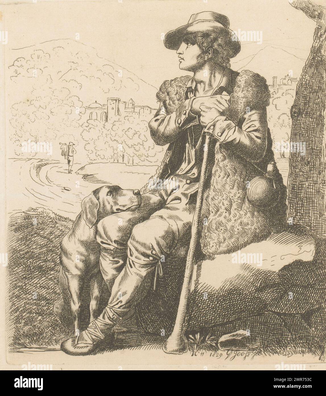 Berger au repos avec chien, dans un paysage un berger habillé de peau ...