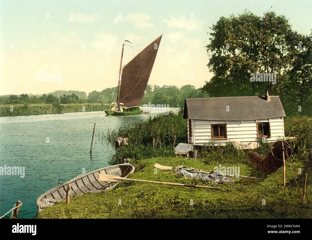 Cabane de pêcheur d'anguille sur le bore, (c.-à-d., rivière Bure ...