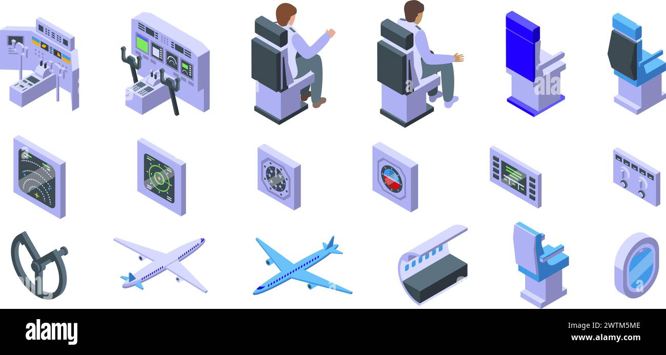 Les icônes du cockpit d'avion définissent le vecteur isométrique ...
