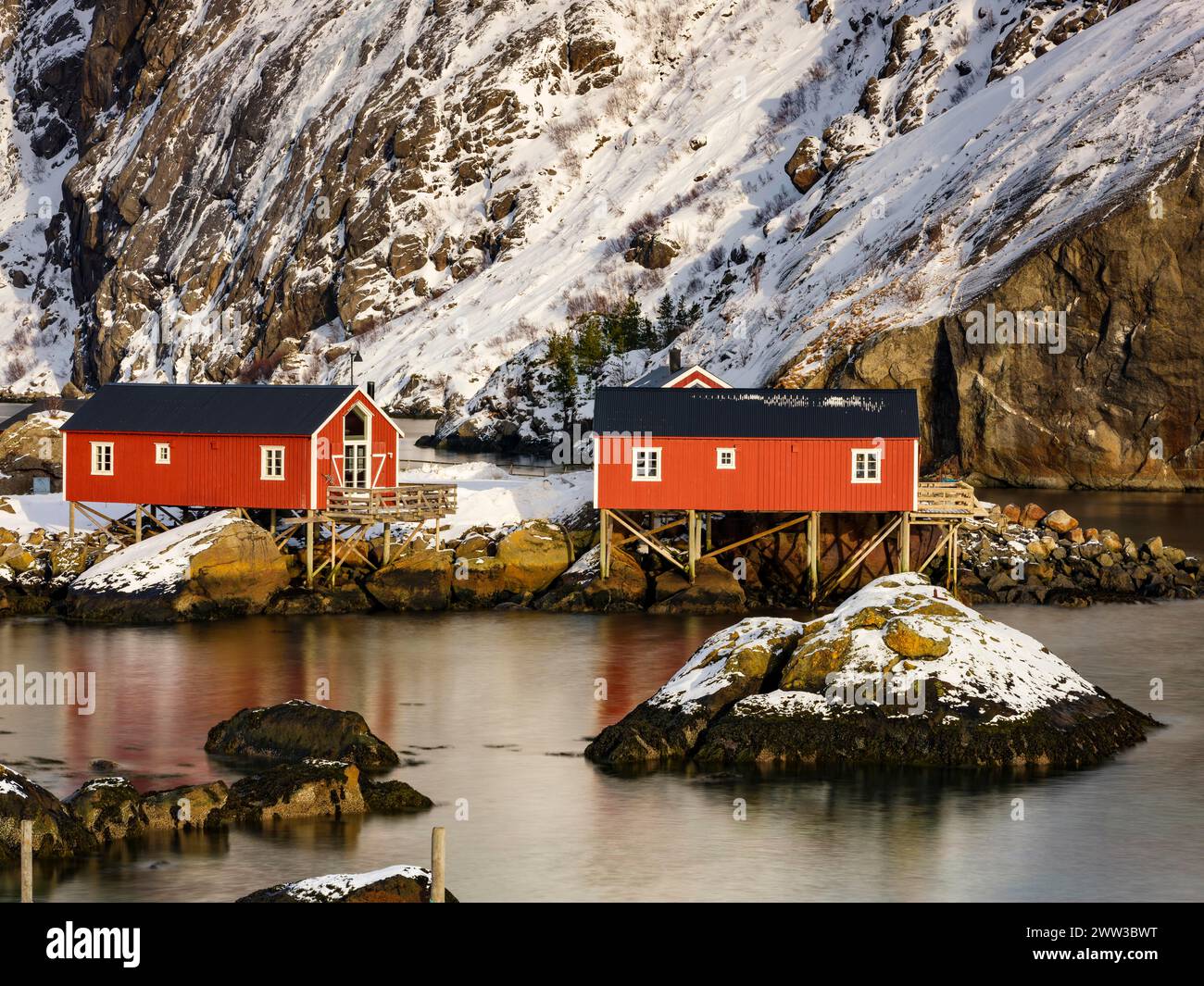 Maisons traditionnelles de rorbu rouge sur pilotis dans le village de ...