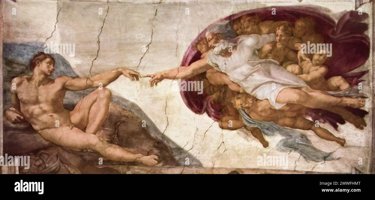 « La création d'Adam » de Michel-Ange Buonarroti (vers 1512) : une pièce maîtresse du plafond de ...