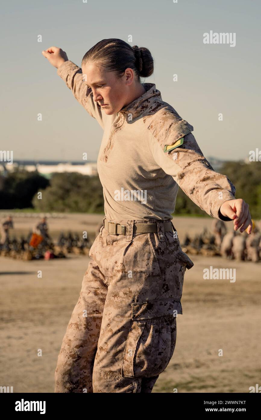 Emily Walker avec Golf Company, 2nd Recruit Training Battalion, traverse un obstacle sur le ...