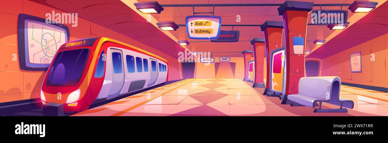 Train à la station de métro. Illustration du chemin de fer de métro de la ville souterraine ...